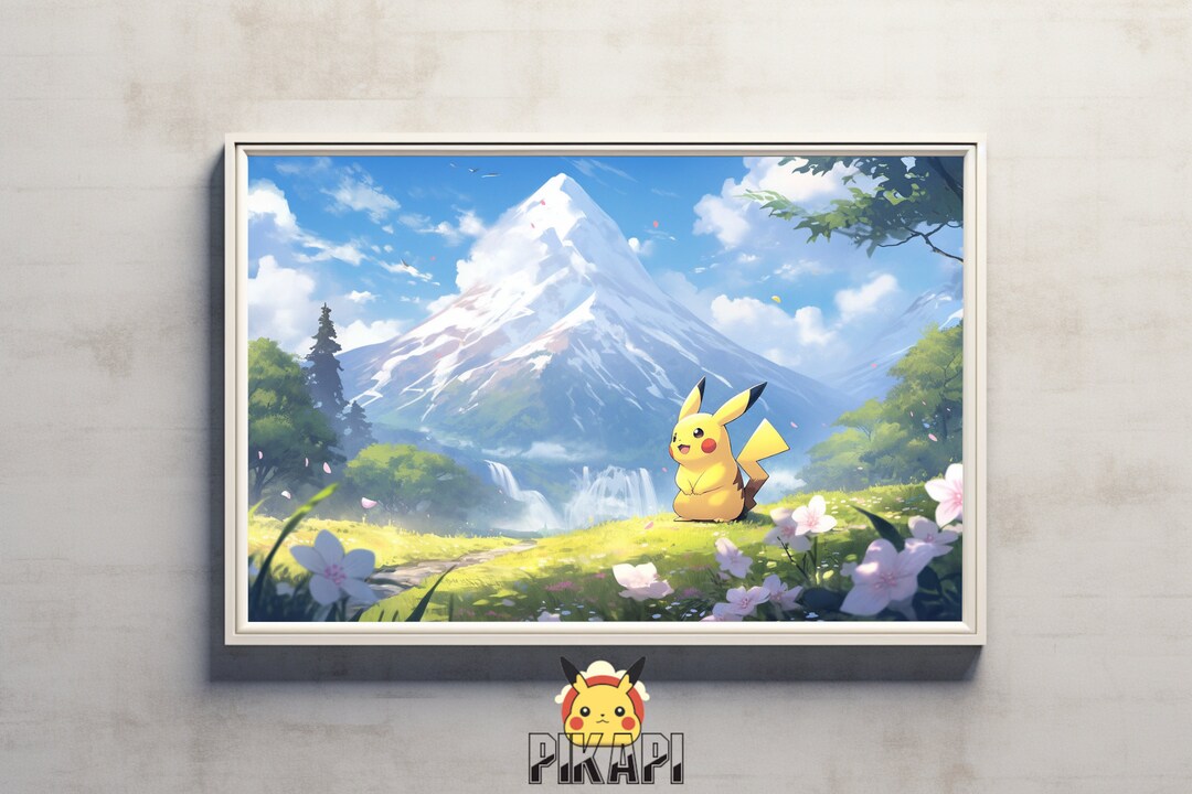 Pikachu in a Mountain Landscape, Japanese Art Style Painting Digital ...