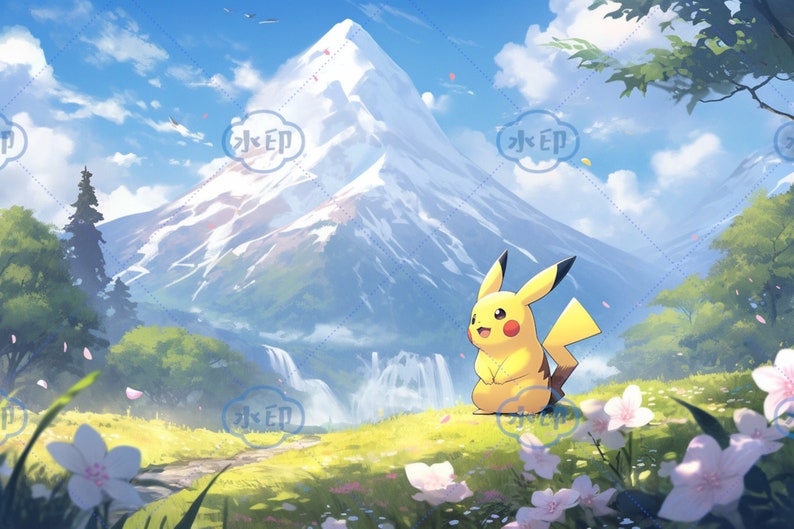 Pikachu in a Mountain Landscape, Japanese Art Style Painting Digital ...
