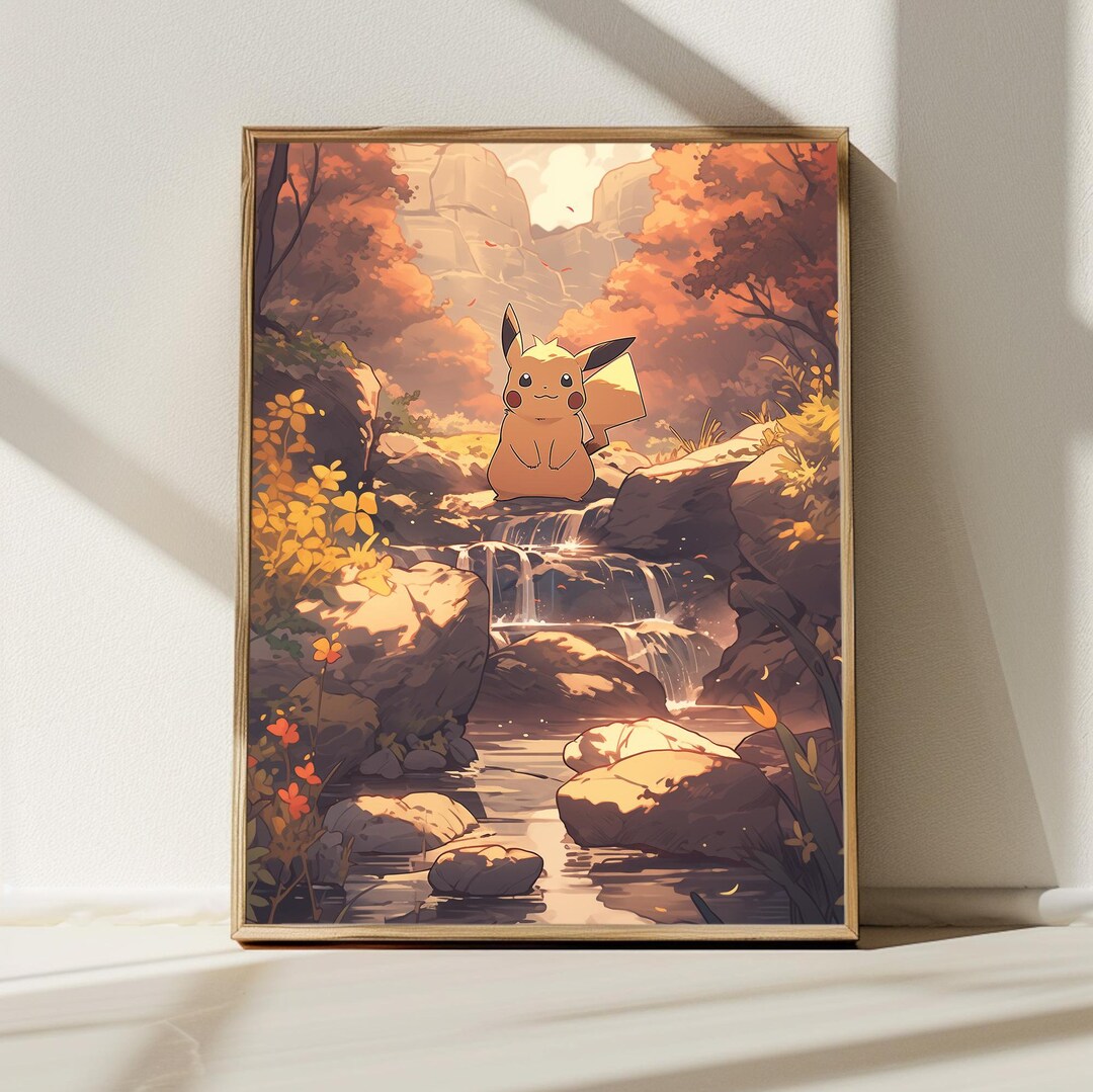 5K Pikachu on River, Waterfall Forest , Japanese Art Style Printable ...
