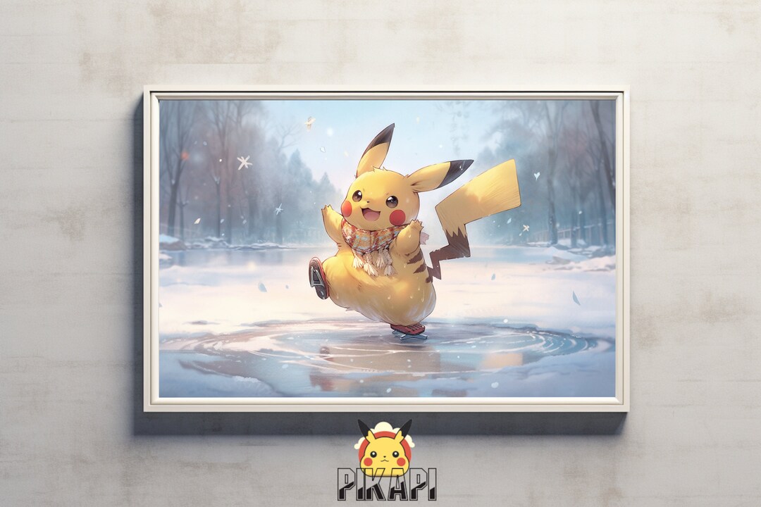 PRINTABLE Pikachu Ice Skating on a Frozen Lake, Japanese Art Style ...