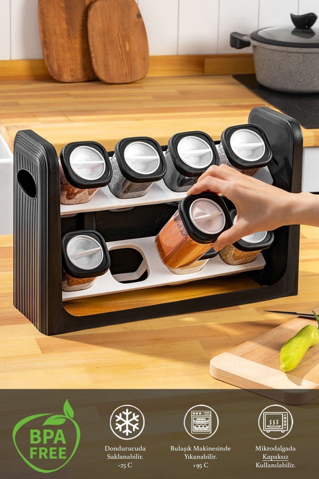 Set of 8 Airtight Spice Jars With Stands and Lockable Lids, Spice Rack ...