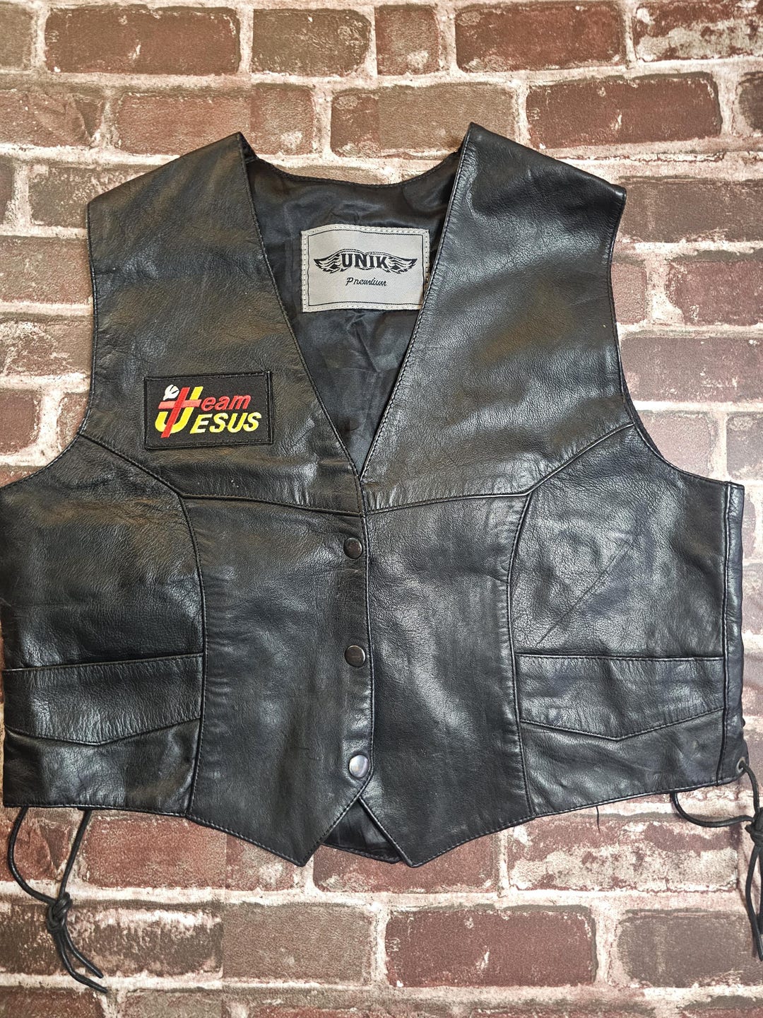 Unik Leather Company Vintage Style Leather Vest Black 100% TEAM JESUS ...