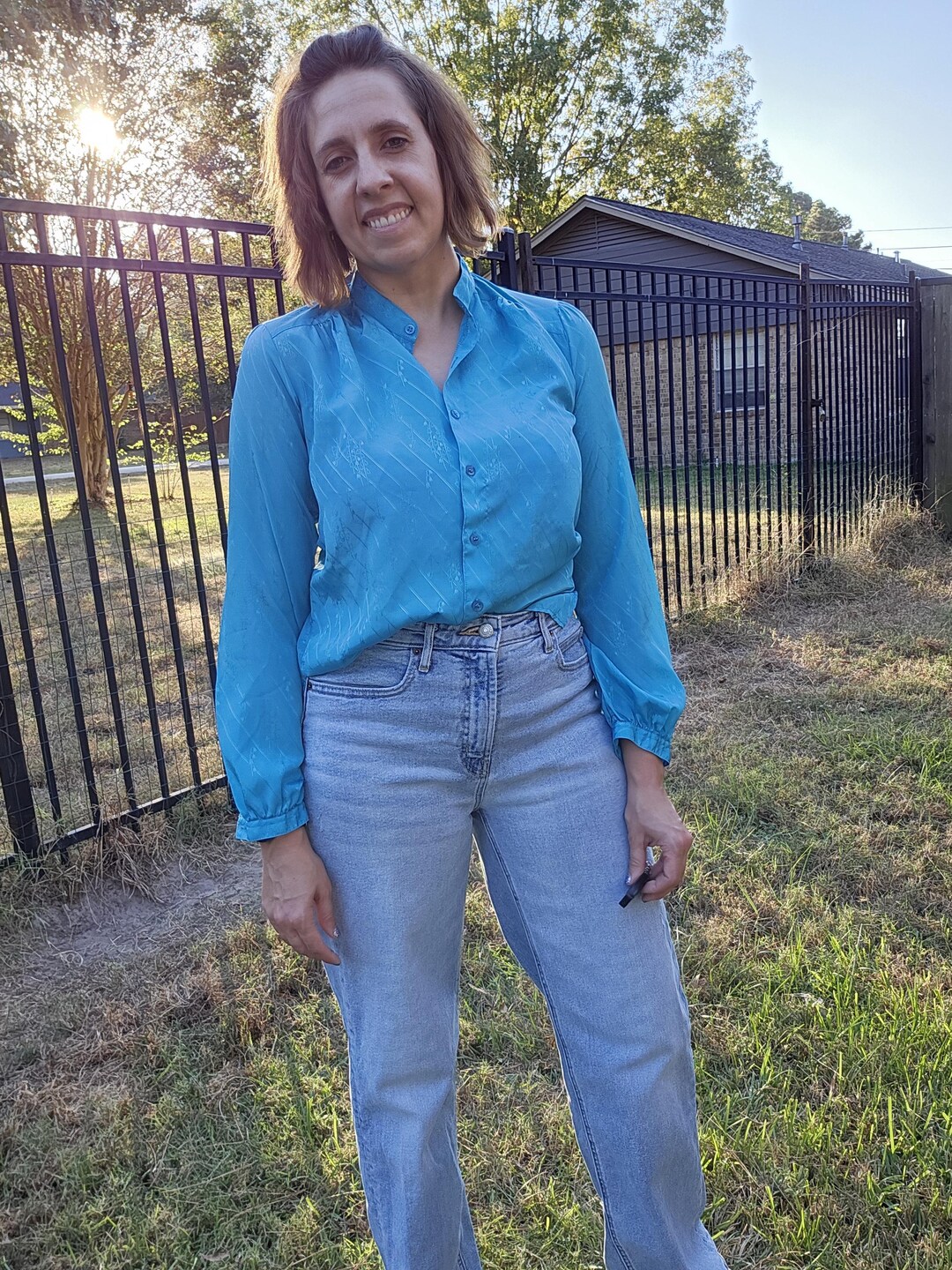 Vintage Teal Shirt Button up Classic 1980s Polyester S/M Pretty Small ...
