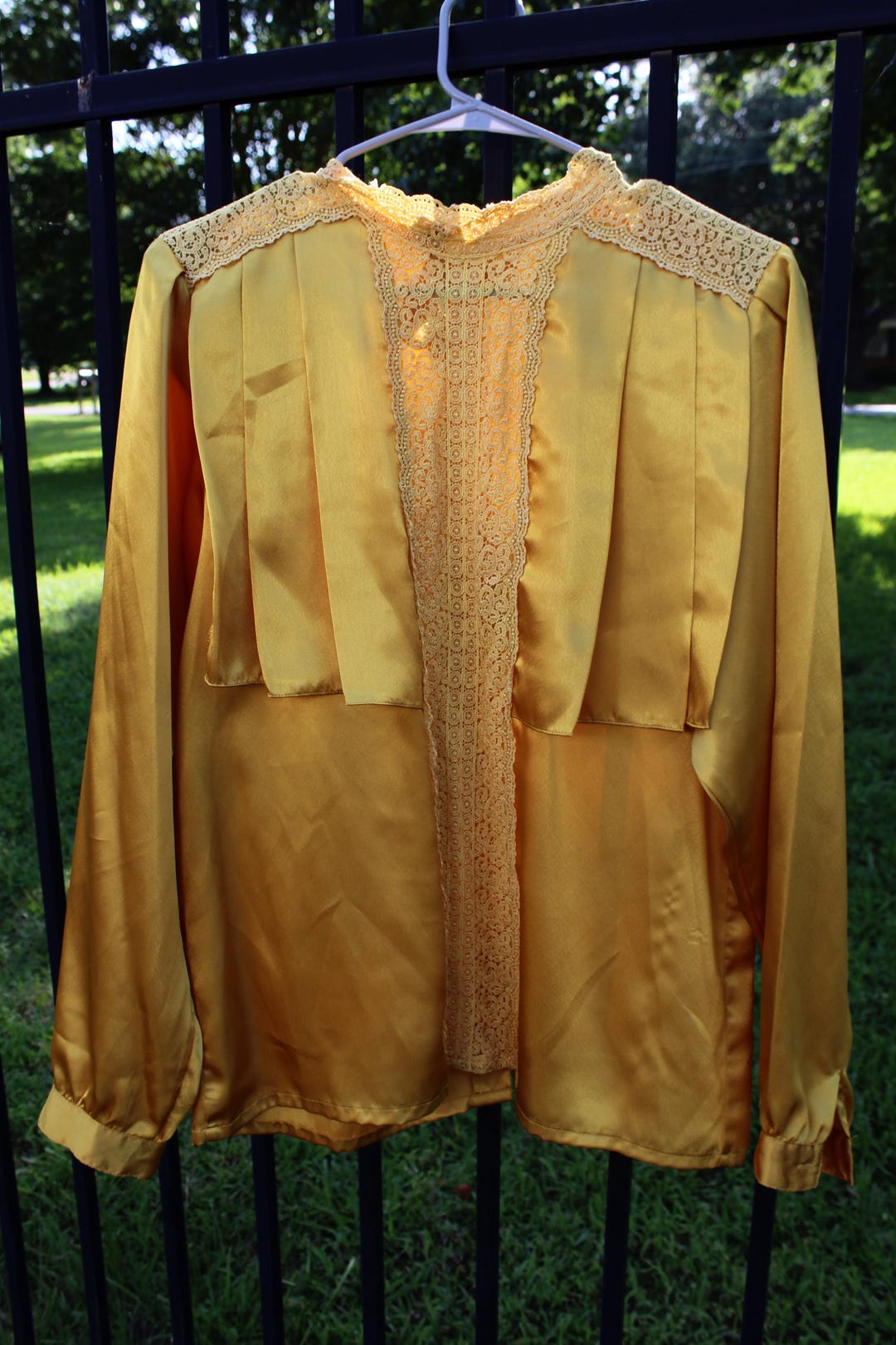 M/L Nicola Yellow Gold 70s 80s Feminine Polyester Blouse Sheer Panels ...