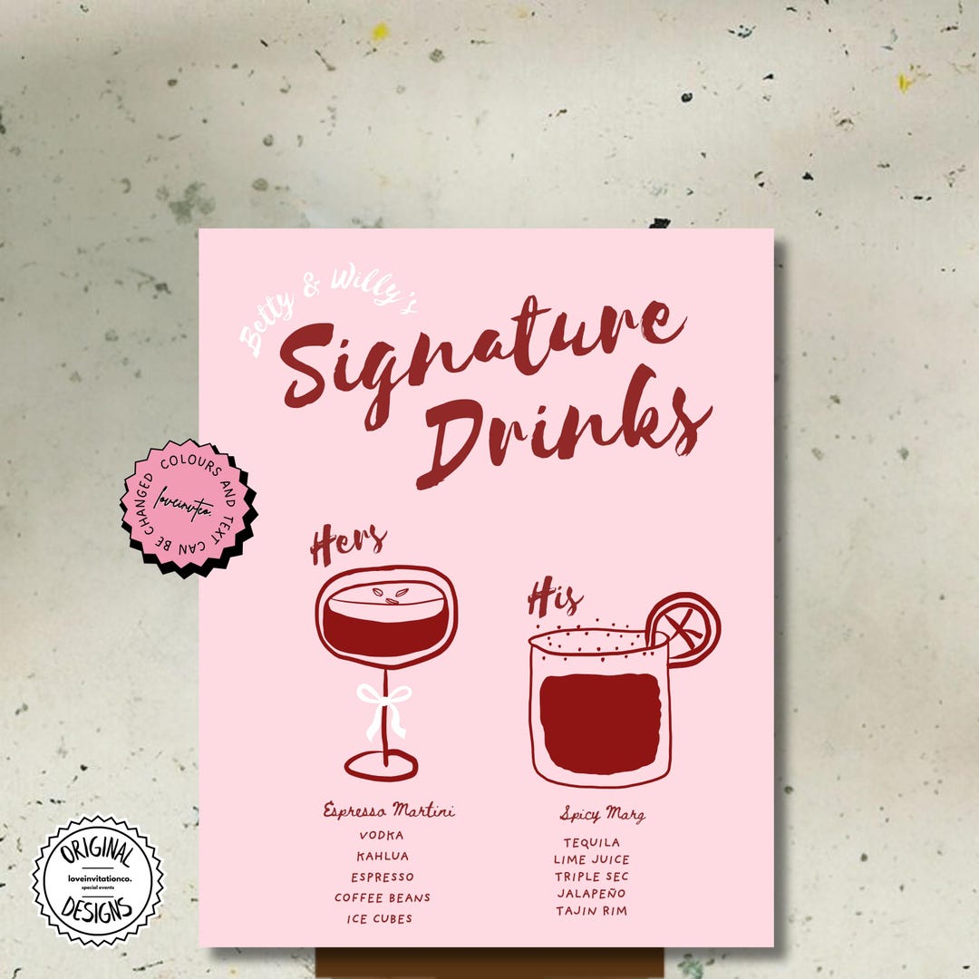 Signature Drinks Sign Template Personalized Hand Drawn Drink Sign ...