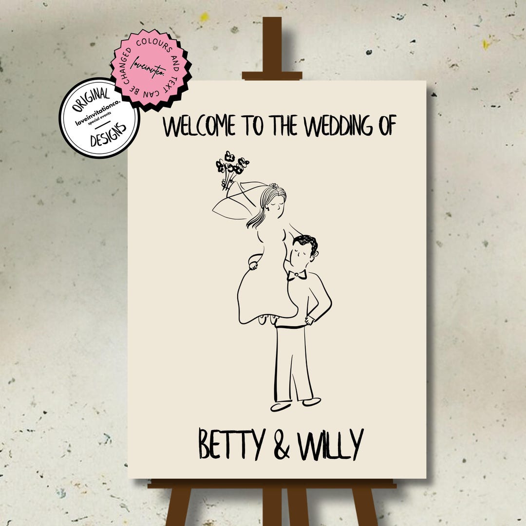 Hand Drawn Wedding Welcome Sign Template Wedding Couple Bride and Groom ...