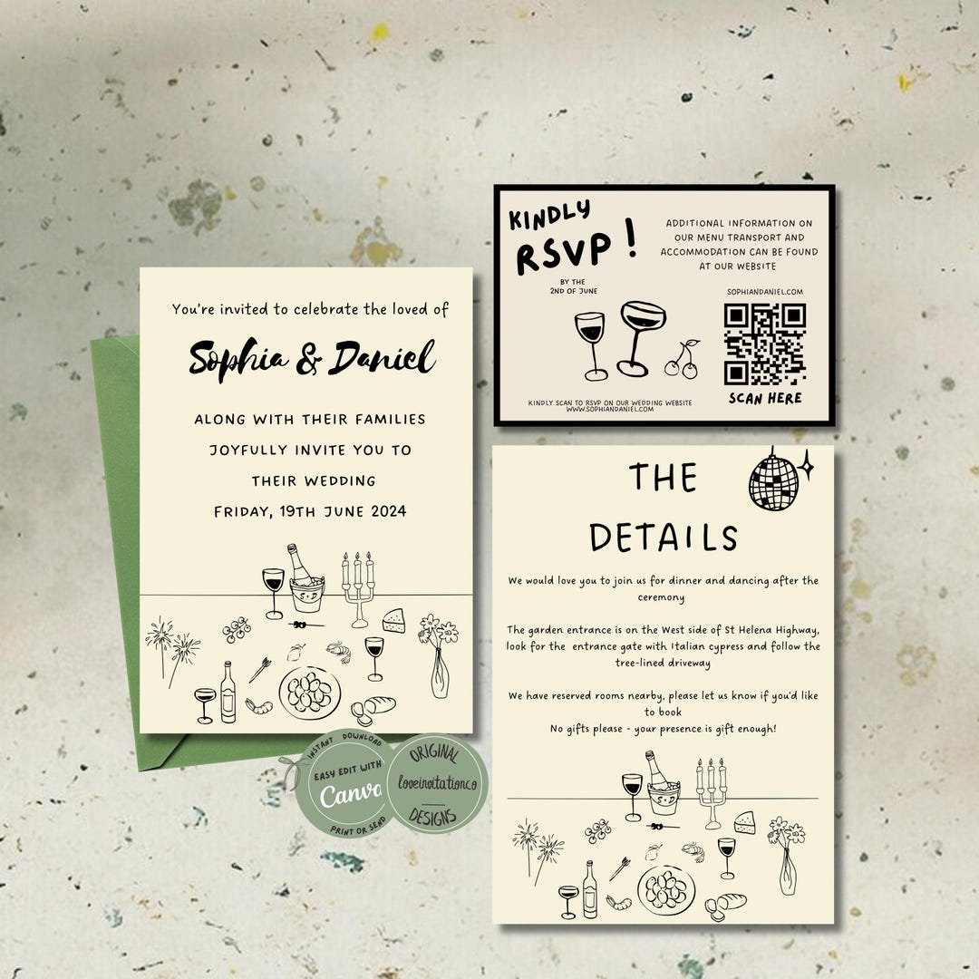 Printable Hand Drawn Wedding Invitation Suite Templates Unique Editable ...