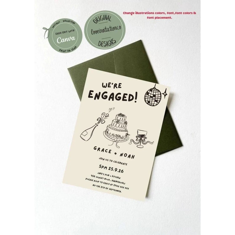 Hand Drawn Engagement Party Invitation Template Scribble Illustration ...