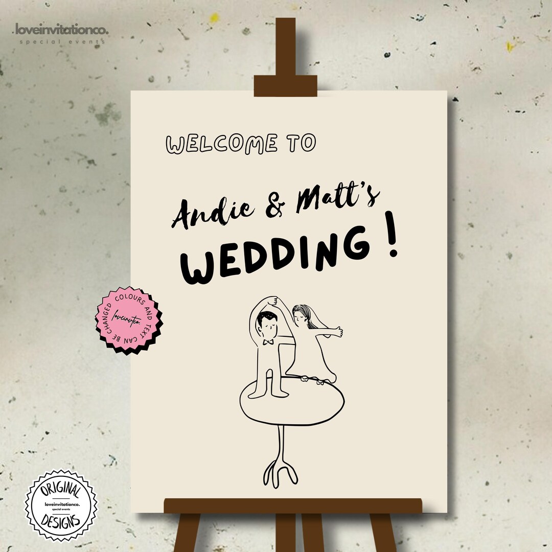 Hand Drawn Wedding Welcome Sign Template Wedding Couple Bride and Groom ...