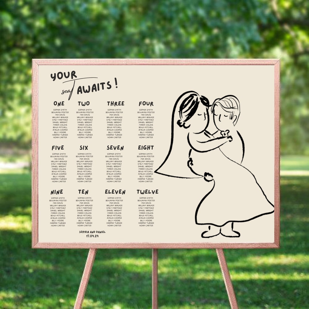 Wedding Seating Chart Template Fun Hand Drawn Bride and Groom Guest ...