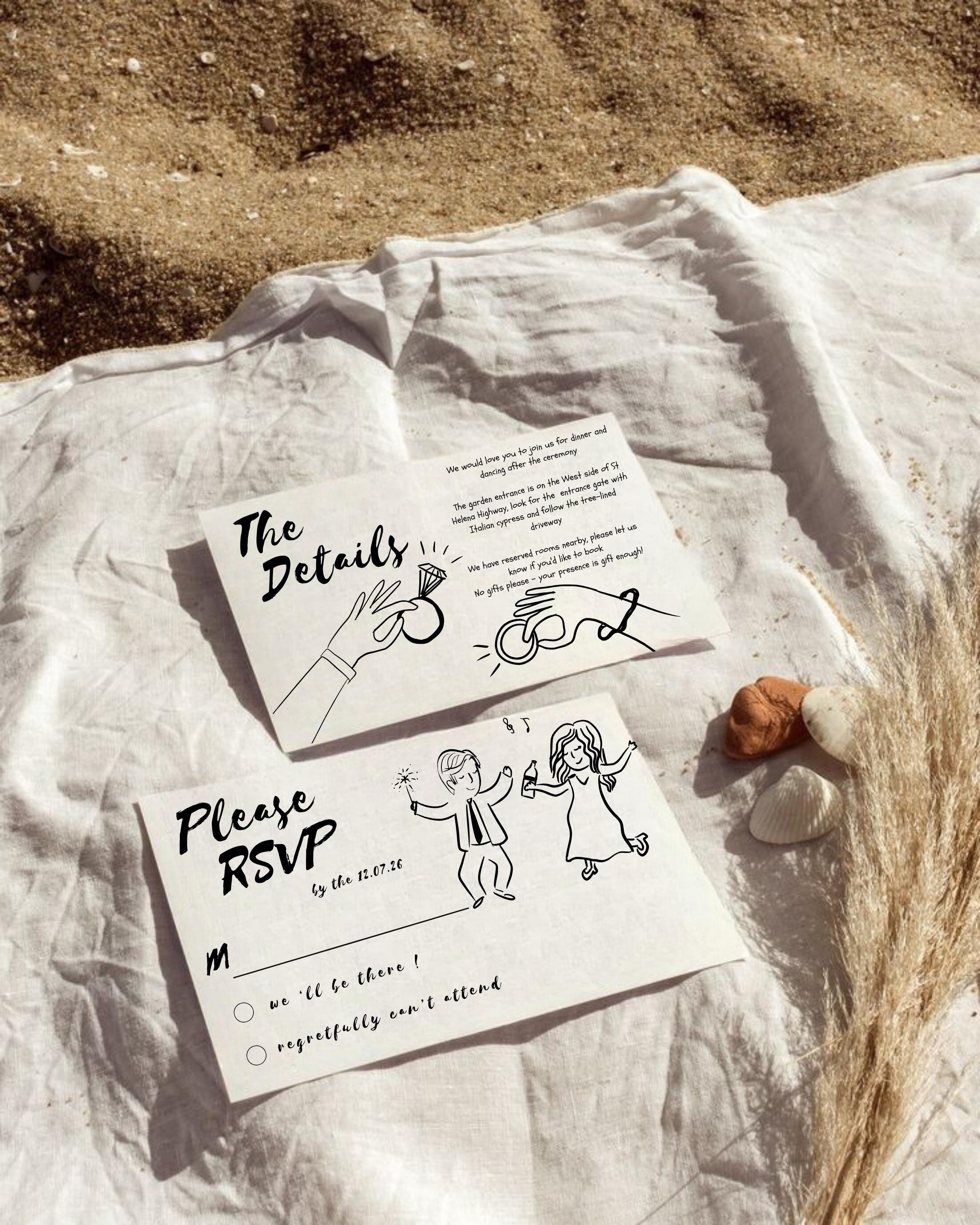 Printable Hand Drawn Bride and Groom Wedding Invitation Suite Unique ...