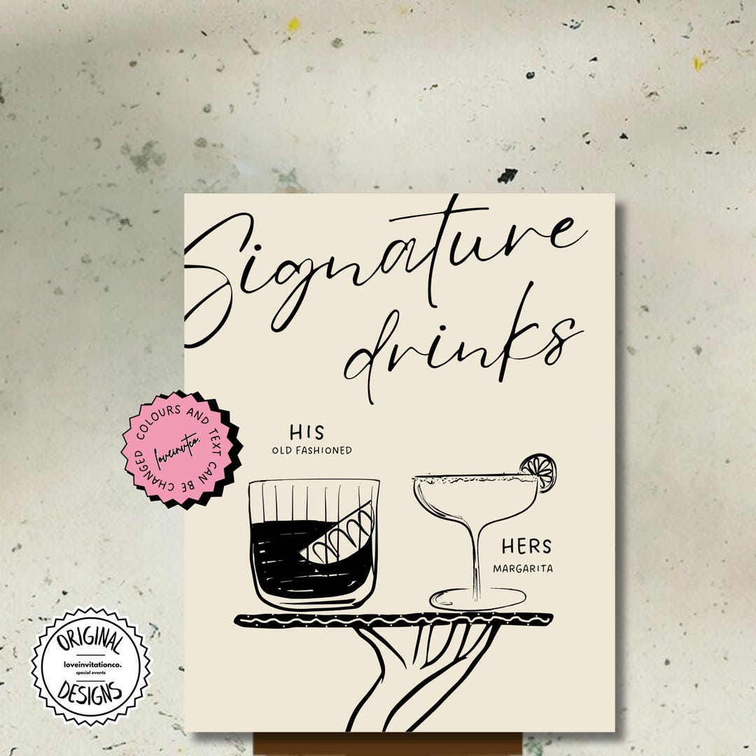 Signature Drinks Sign Template Personalized Hand Drawn Drink Sign ...