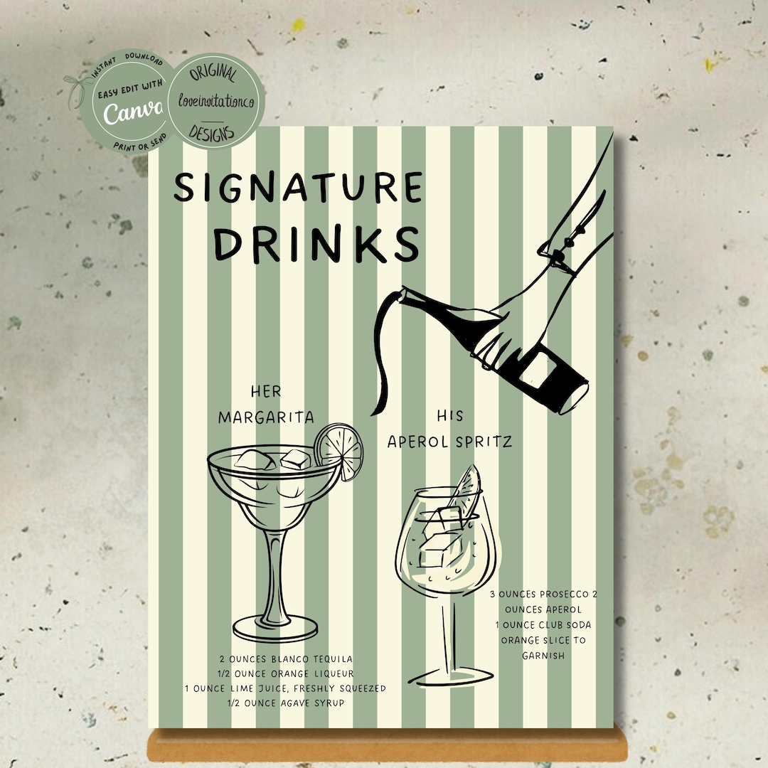Signature Drinks Sign Template Bride Groom Hand Drawn Drink Sign ...