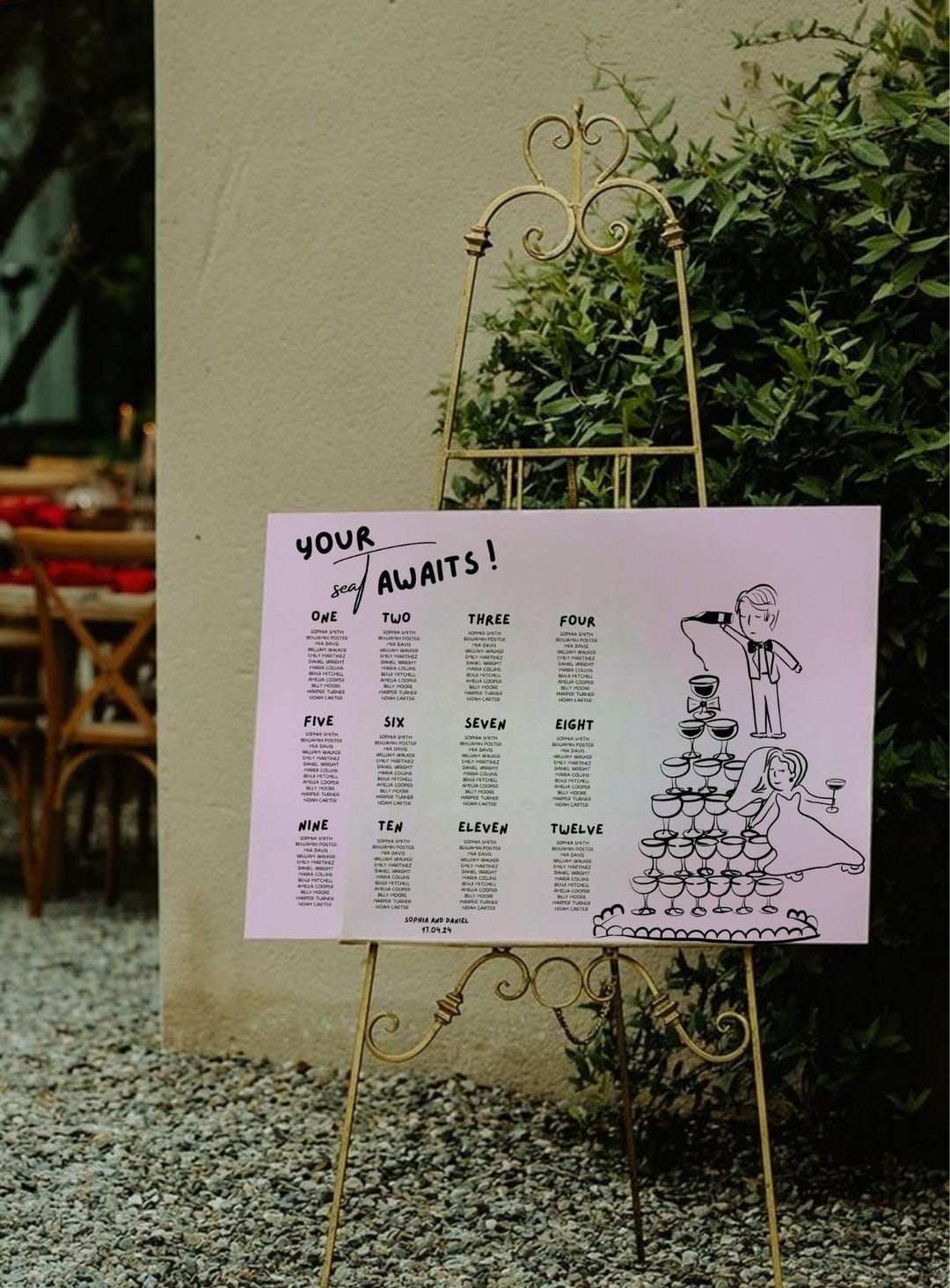 Wedding Seating Chart Template Champagne Tower Hand Drawn Bride and ...