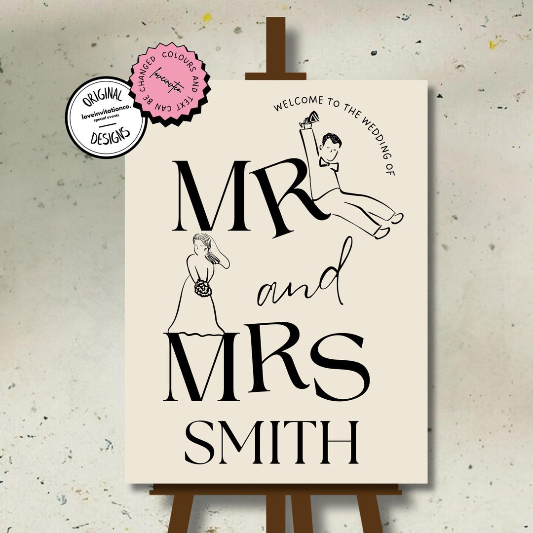 Hand Drawn Wedding Welcome Sign Template Wedding Couple Bride and Groom ...