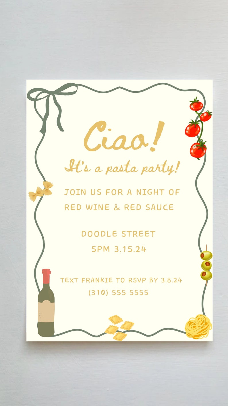 Hand-drawn Digital Pasta Party Invitation Template Pasta Party Theme ...