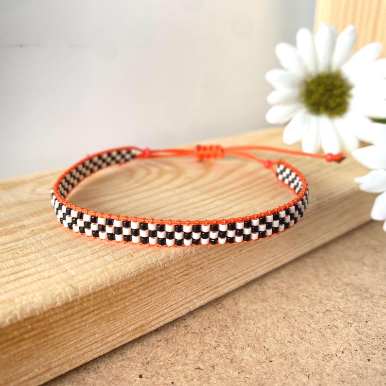 Stylish Black & White Checkered Beaded Bracelet With Vibrant Orange ...