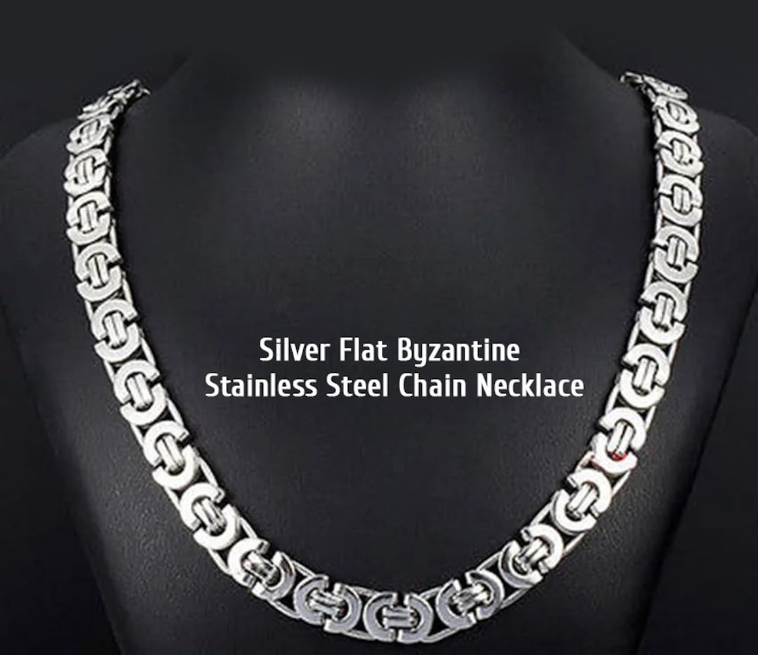 11mm Men's Silver Flat Byzantine Chain Necklace, Chainmaille Necklace ...