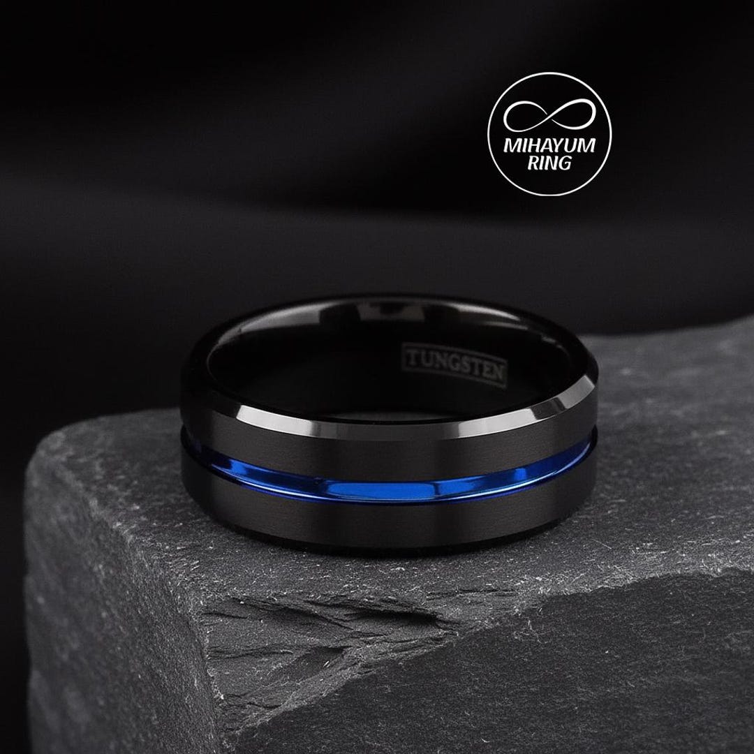 Black Tungsten Thin Blue Line Ring, Police Officer Wedding Band, Law ...