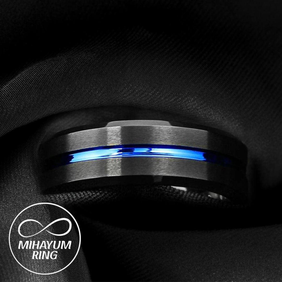 Black Tungsten Brushed Thin Blue Line Wedding Band Ring Black and Blue ...