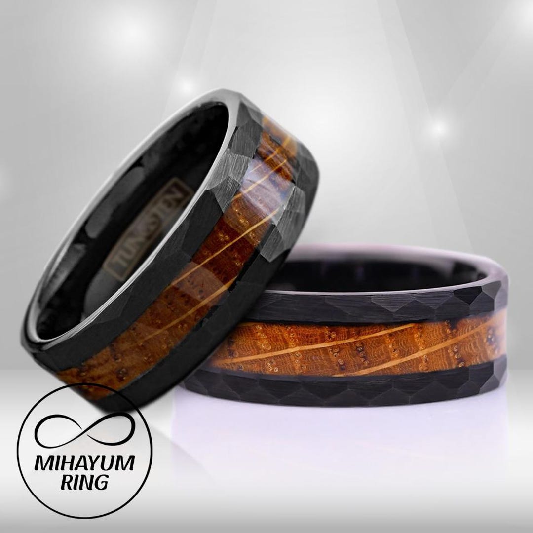 Hammered Charred Whiskey Barrel Ring, Black Tungsten Men Ring Hammered ...