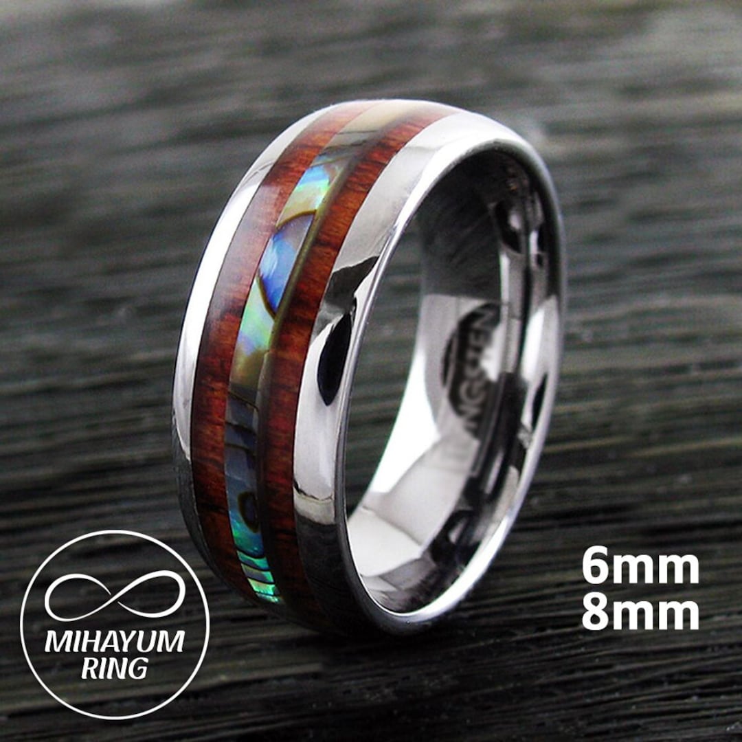 Koa Wood Ring Abalone Shell-blue Inlay Tungsten Rings Tungsten Koa Wood ...