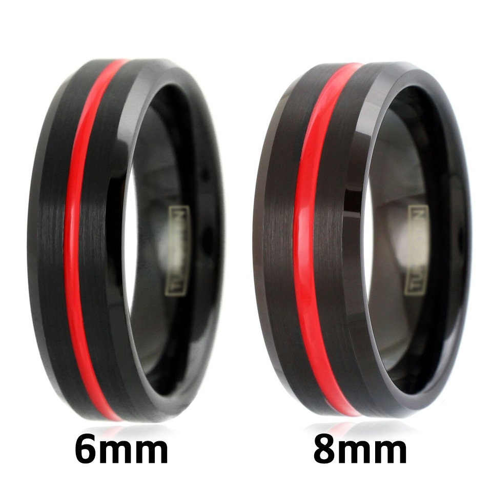 Black Tungsten Brushed Thin Red Line Wedding Band Ring Tungsten Carbide ...