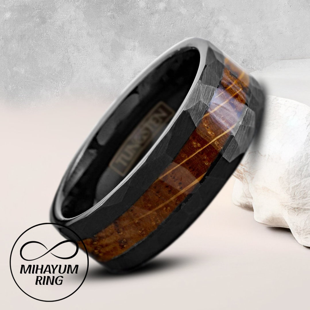 Mens Black Hammered Charred Whiskey Barrel Ring Black Tungsten Ring ...