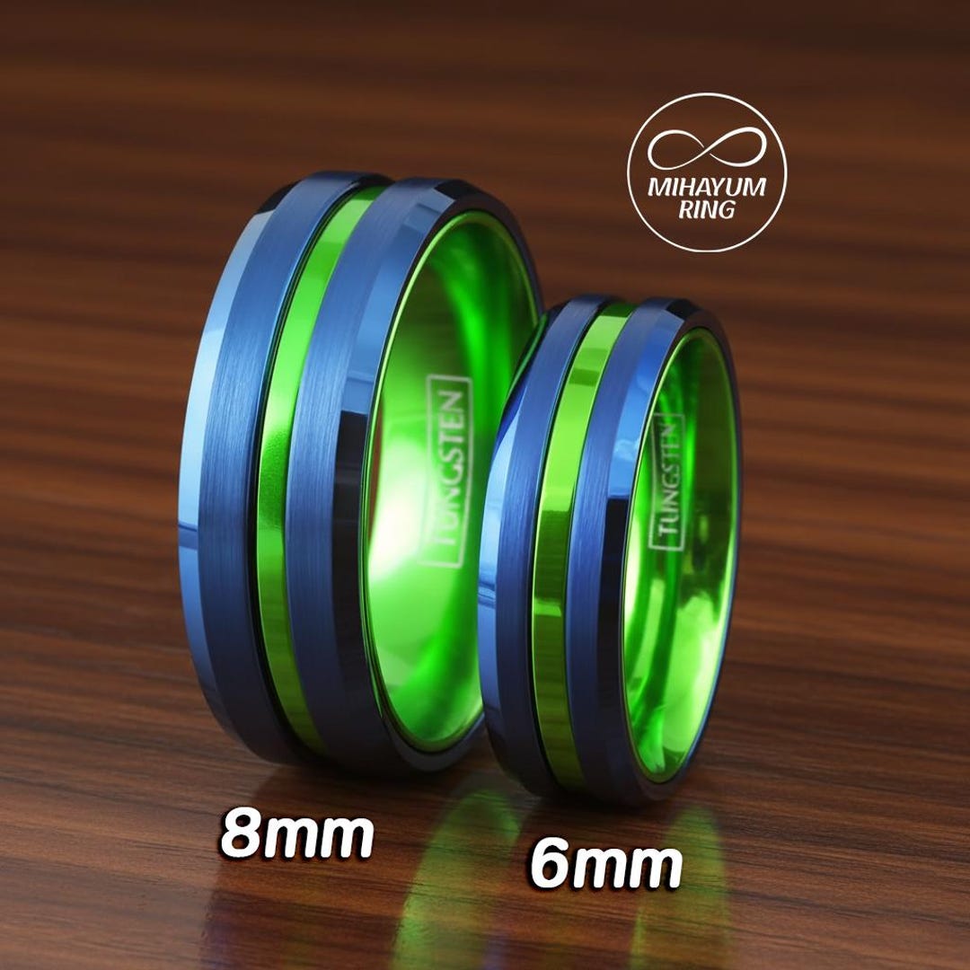 Blue Green Ring Green Tungsten Ring Thin Green Line Blue Ring Seahawk ...