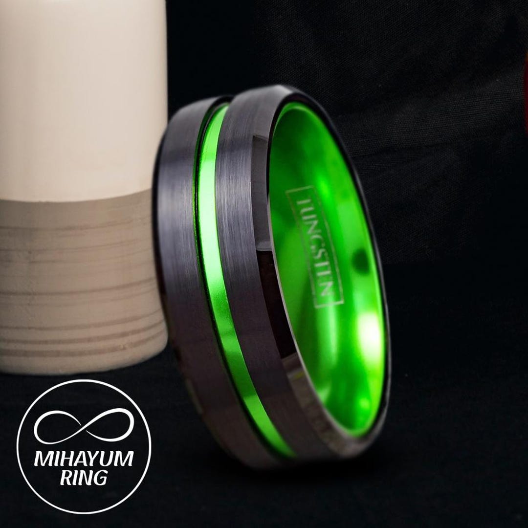 Black Tungsten Thin Green Line Stripe Engagement Ring Black Tungsten ...