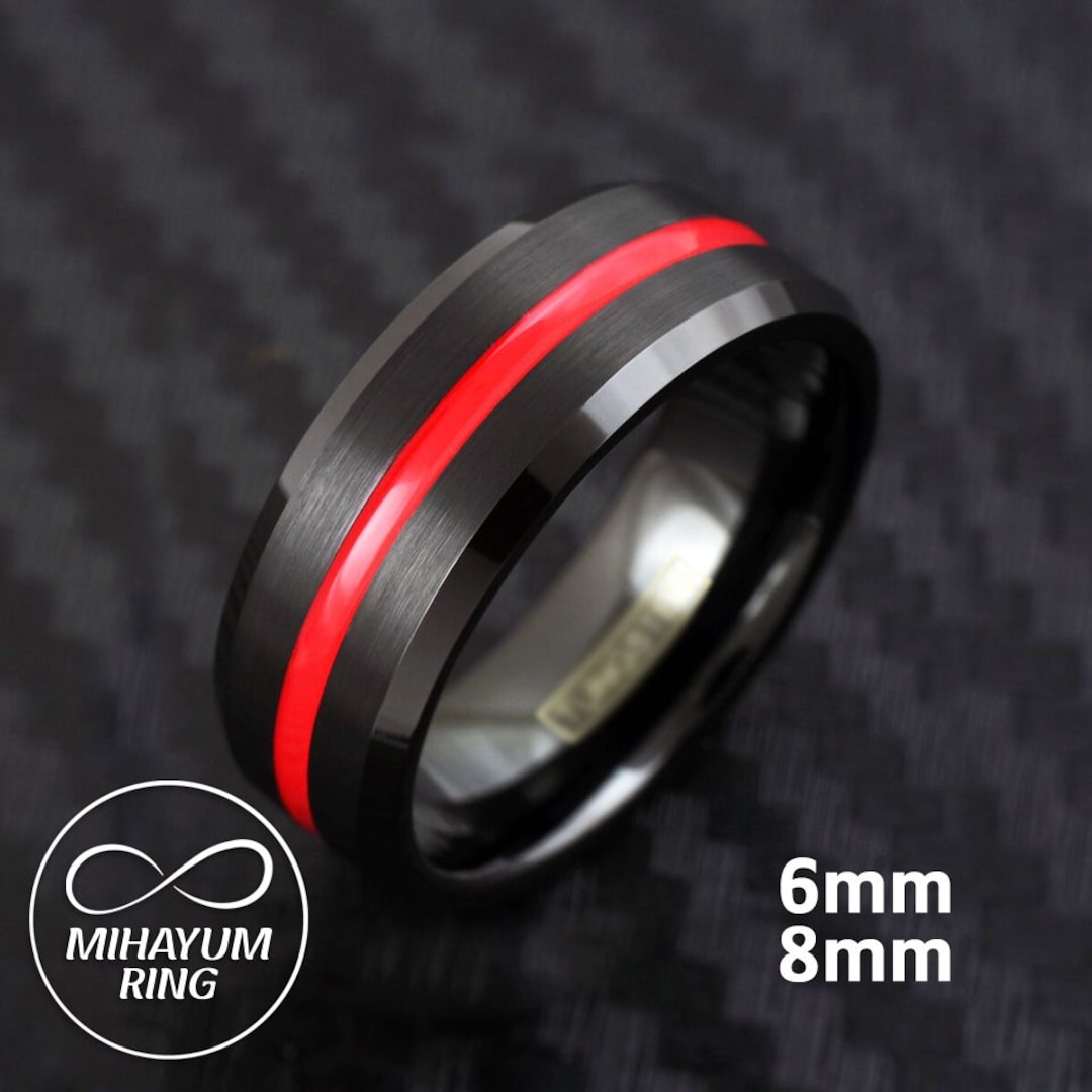 Black Tungsten Brushed Thin Red Line Wedding Band Ring Tungsten Carbide ...