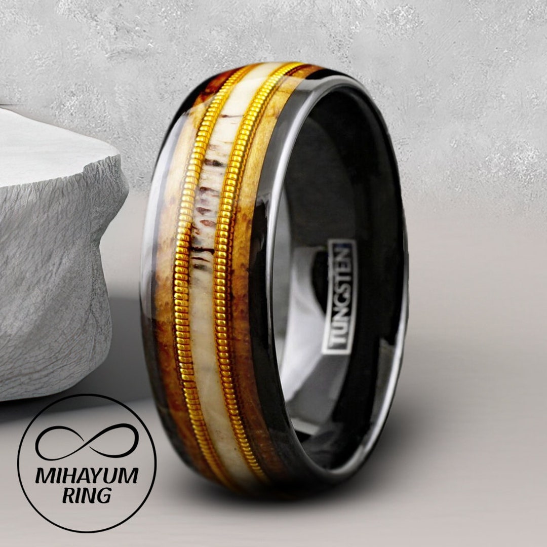 Wedding Band Guitar String Tungsten Carbide Men's Deer Antler Wood ...