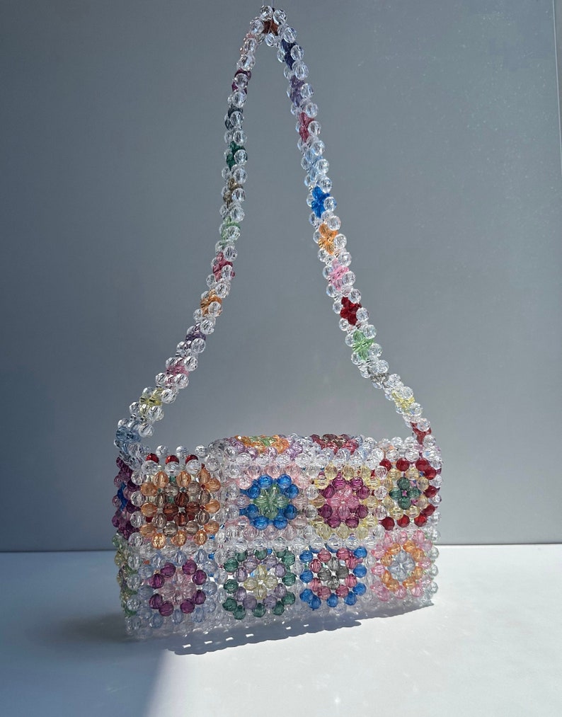 Granny Square Bead Bag, Crystal Beaded Bag, Boho Bead Purse, Bead ...