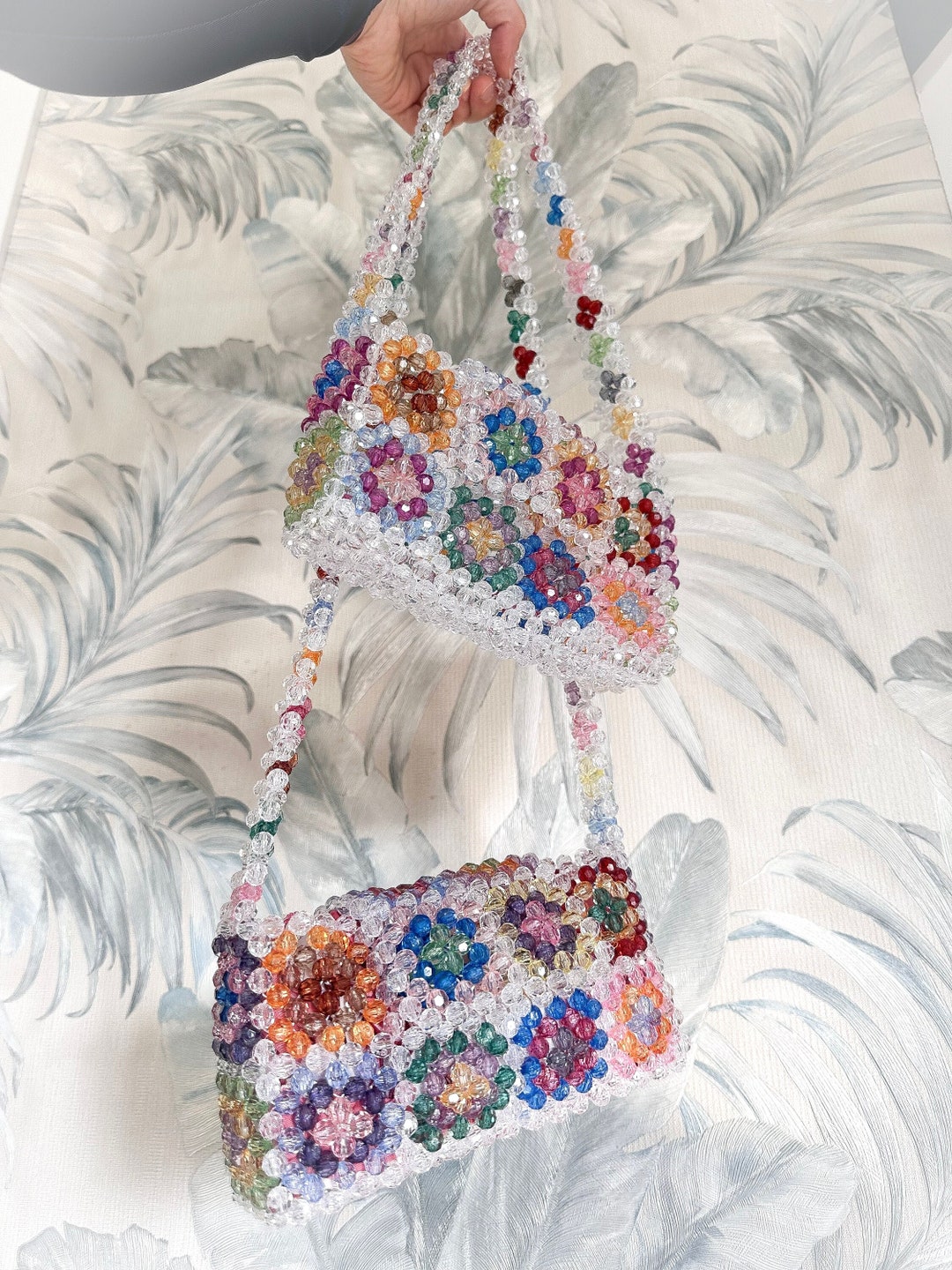 Granny Square Bead Bag, Crystal Beaded Bag, Boho Bead Purse, Bead ...