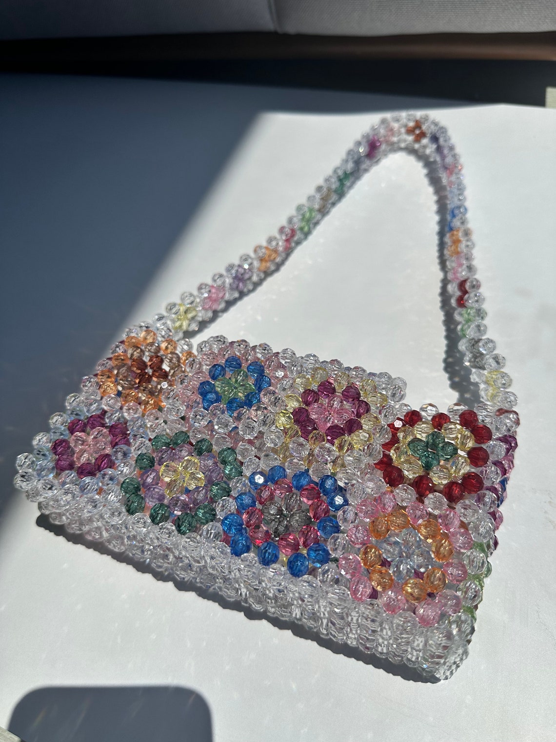 Granny Square Bead Bag, Crystal Beaded Bag, Boho Bead Purse, Bead ...