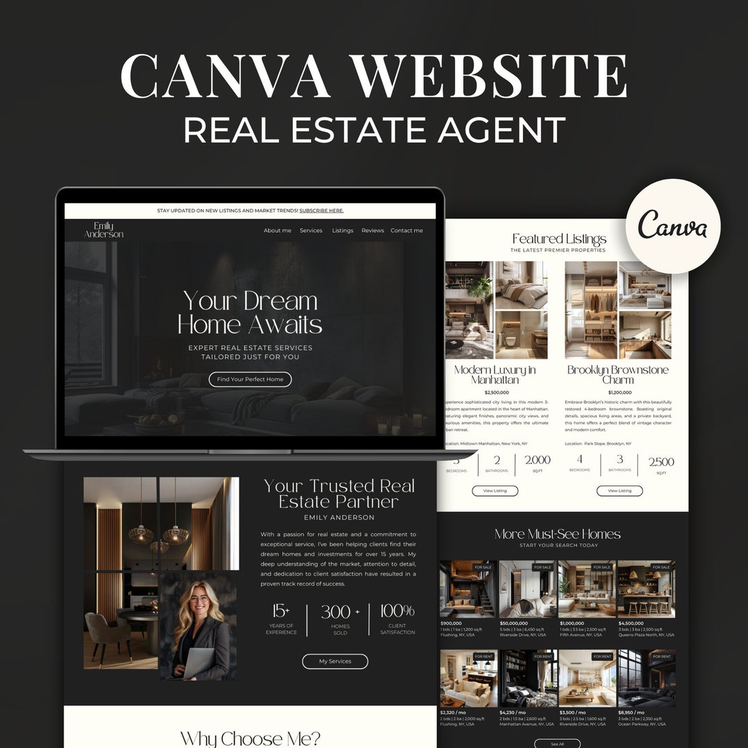 Real Estate Website Template for Canva, Realtor Website Design, Digital ...