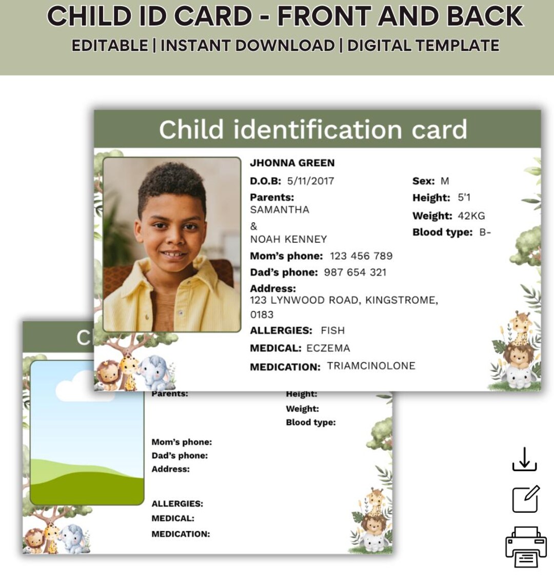 Children Identification Card Editable Licence ID Template in Case of ...