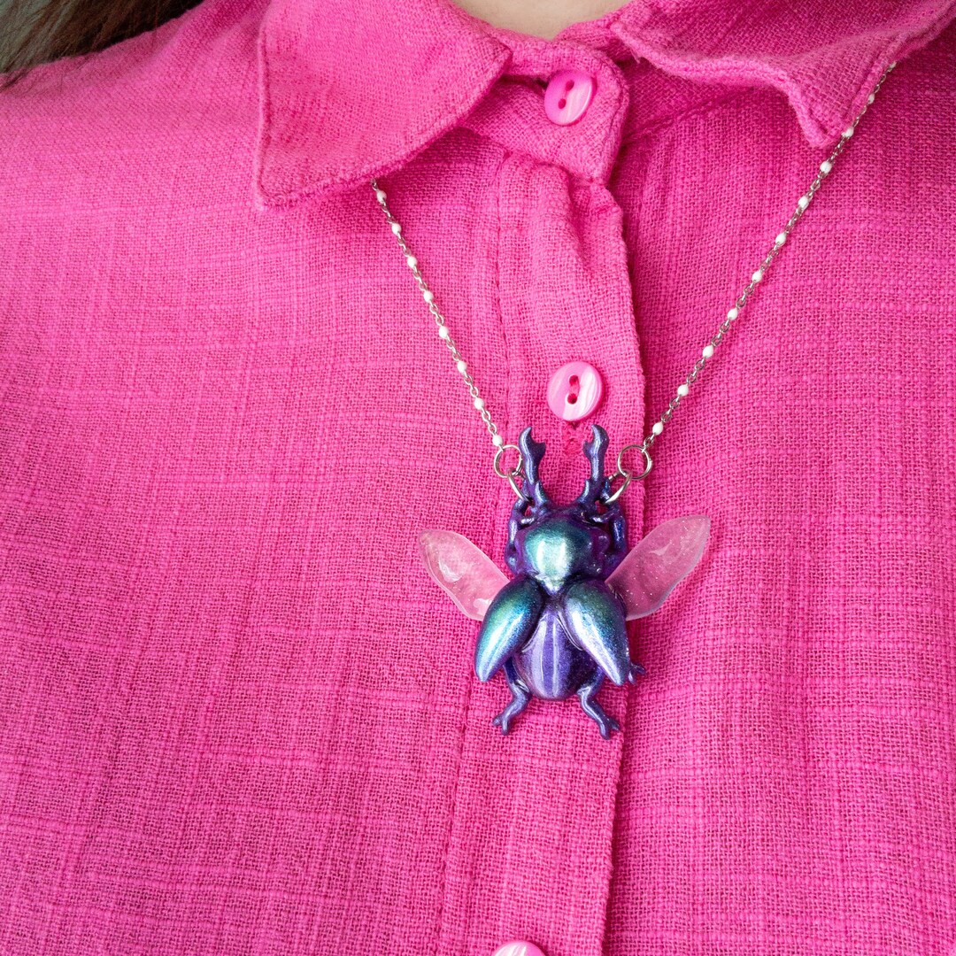 Resin Scarab Beetle Necklace, Handmade, Bright Colors, Stainless Steel ...