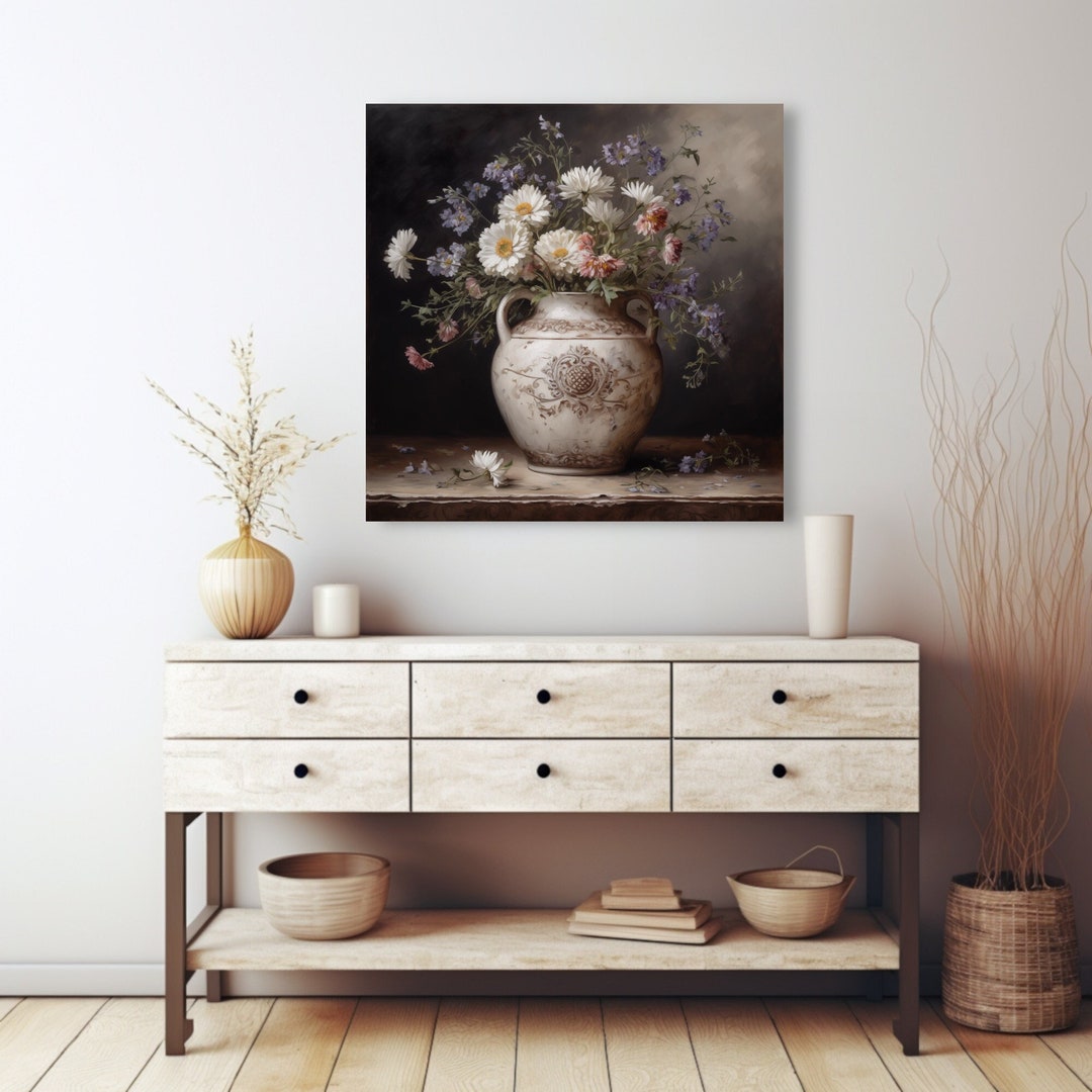Antique Porcelain Vase Wildflowers Painting, Acrylic Floral Still Life ...