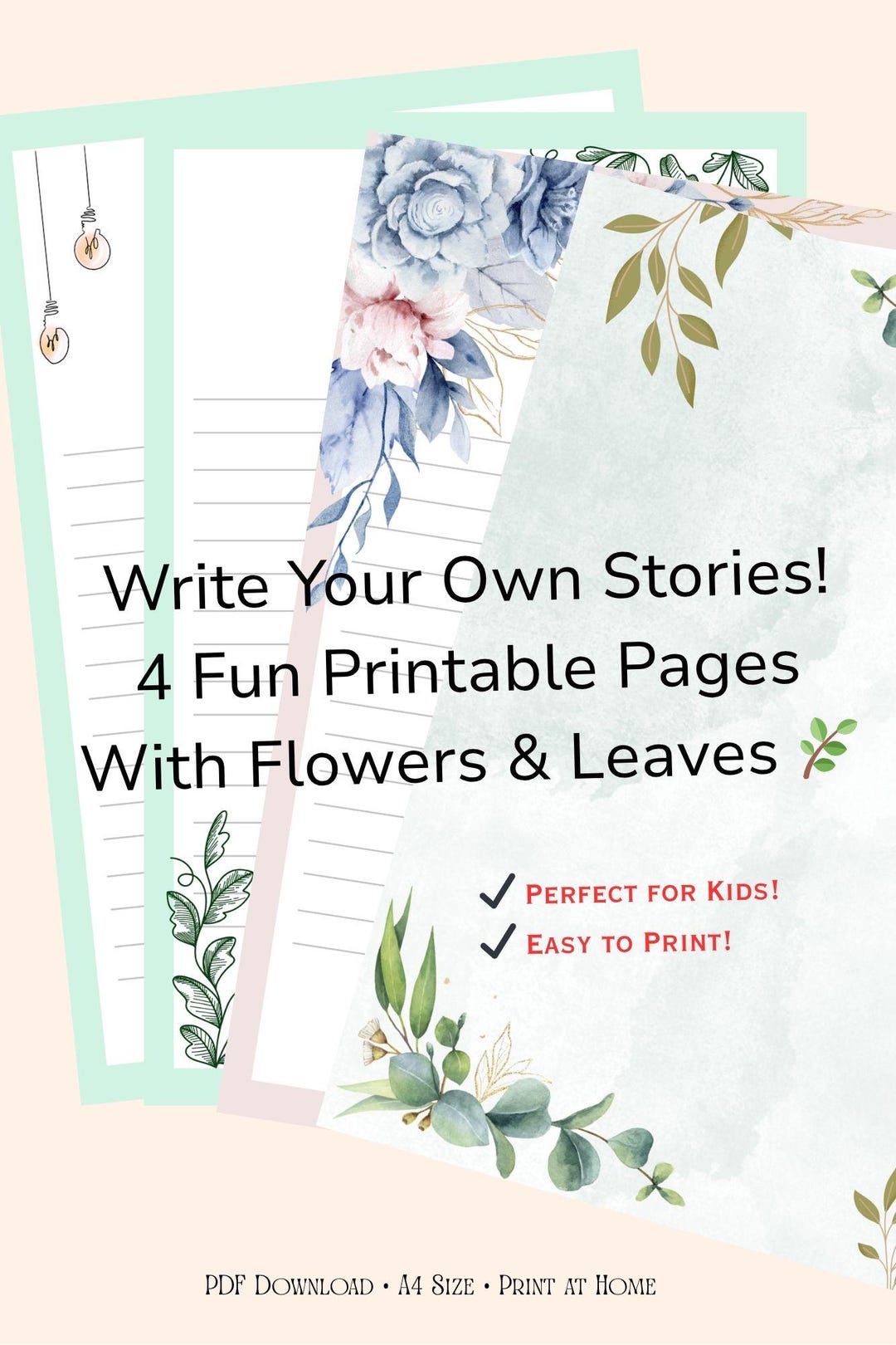 Printable Letter Paper for Kids – Floral & Leaf Stationery PDF – Cute ...