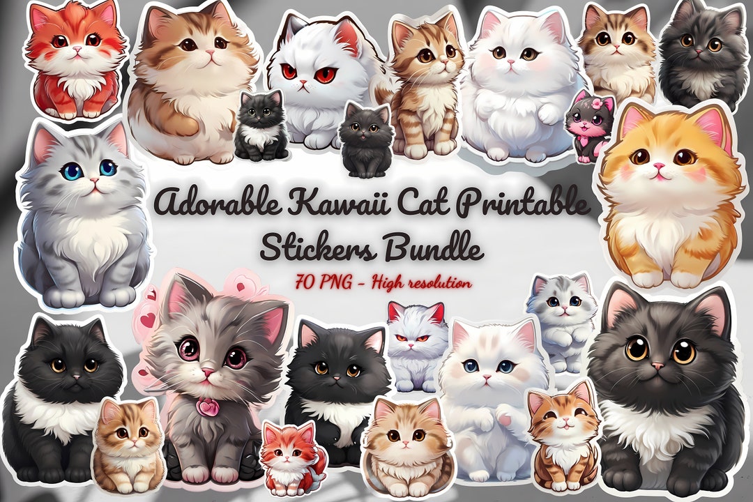 Kawaii Cat Printable Stickers Bundle - 70 High-quality PNG Designs ...