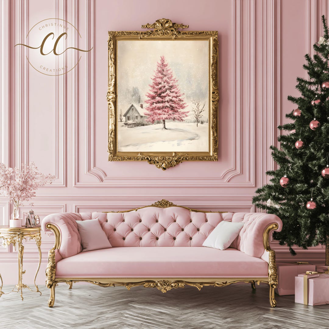 Vintage Winter Scene Digital Art Snowy Pink Christmas Tree Printable ...