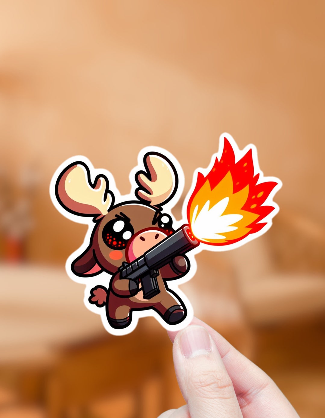 Kawaii Moose Shooting Fire Die Cut Sticker, Decal for Water Bottles ...