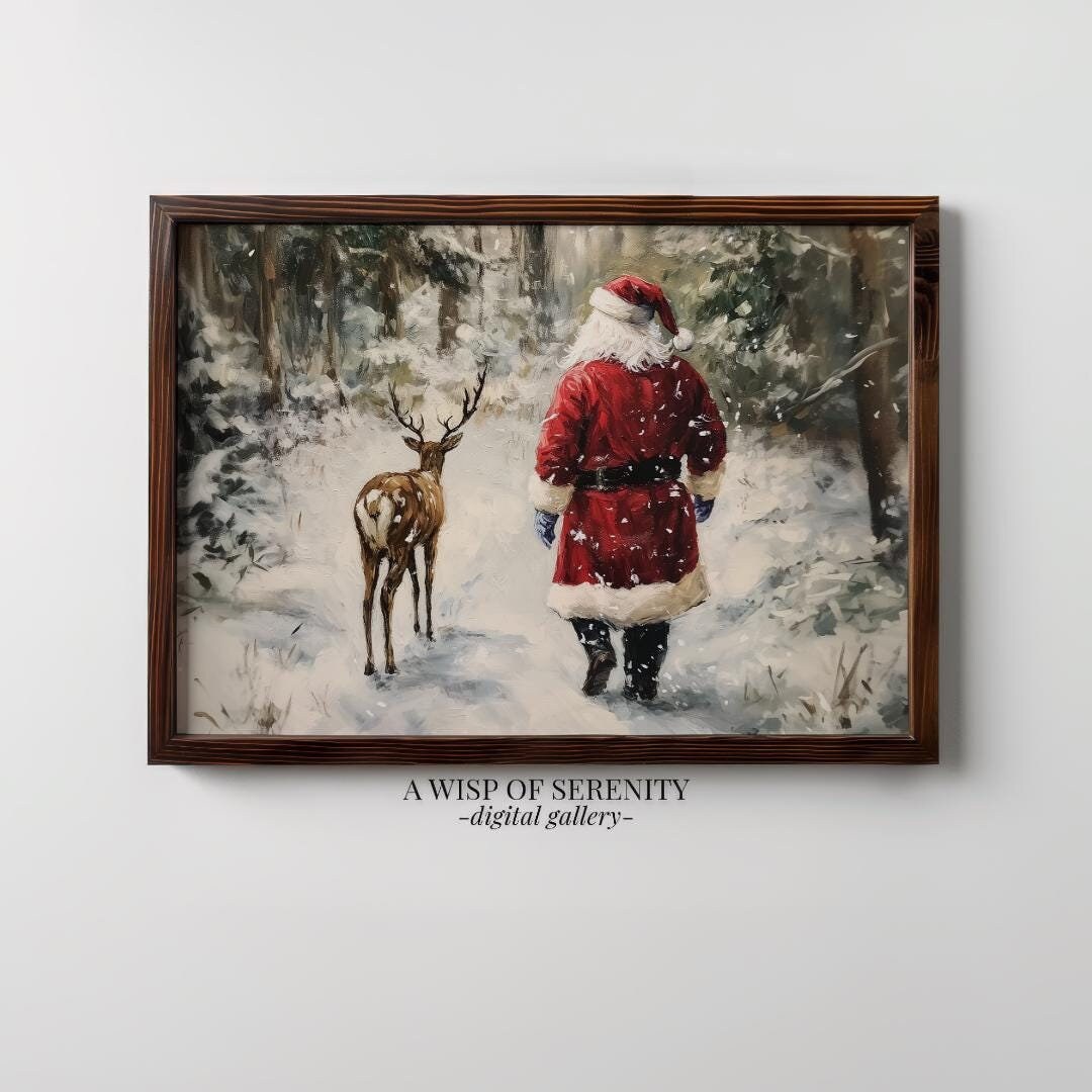 Christmas Santa and Reindeer Wall Art Print L Winter Forest PRINTABLE ...