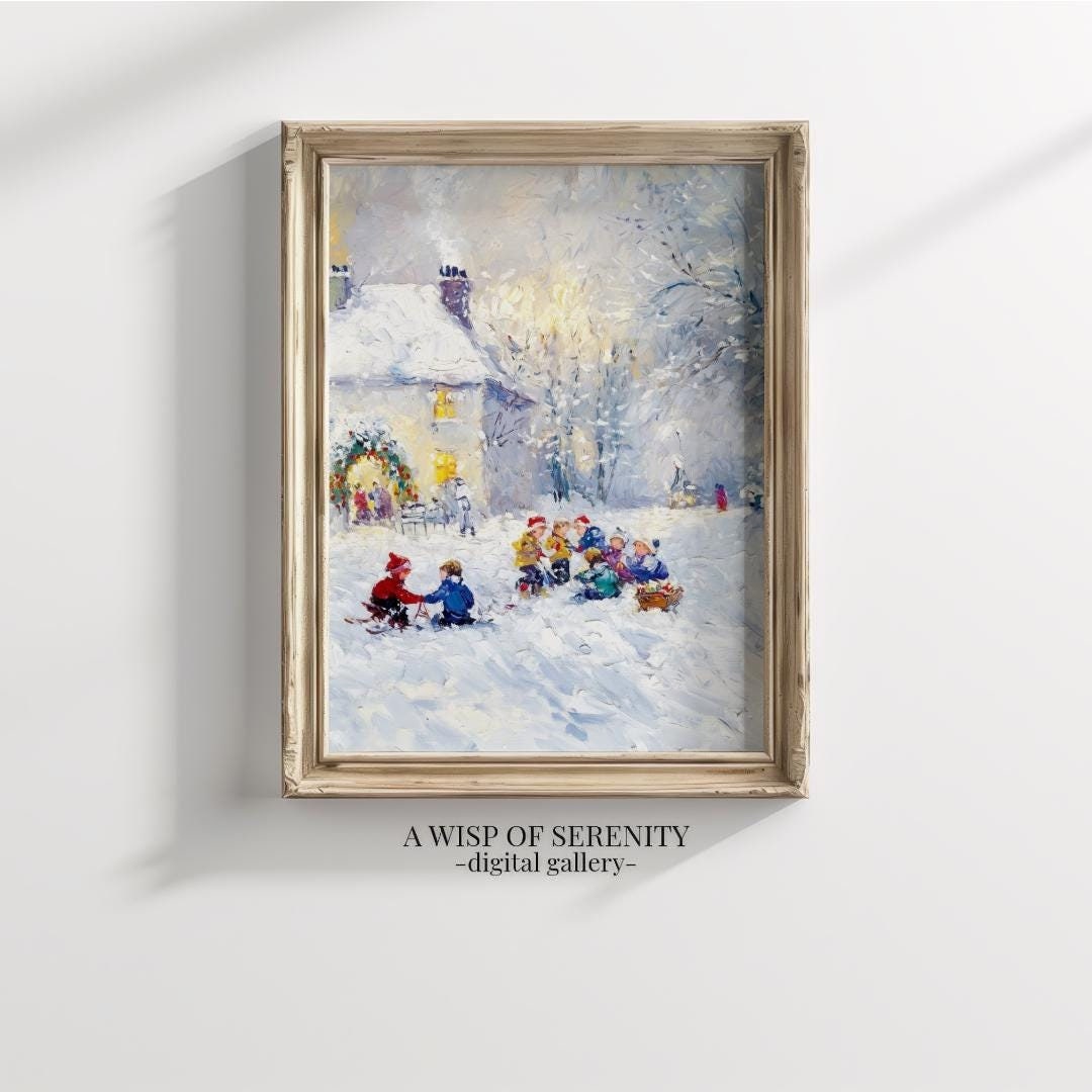 Kids Playing in the Snow Wall Art Print L Snowy Winter Landscape ...