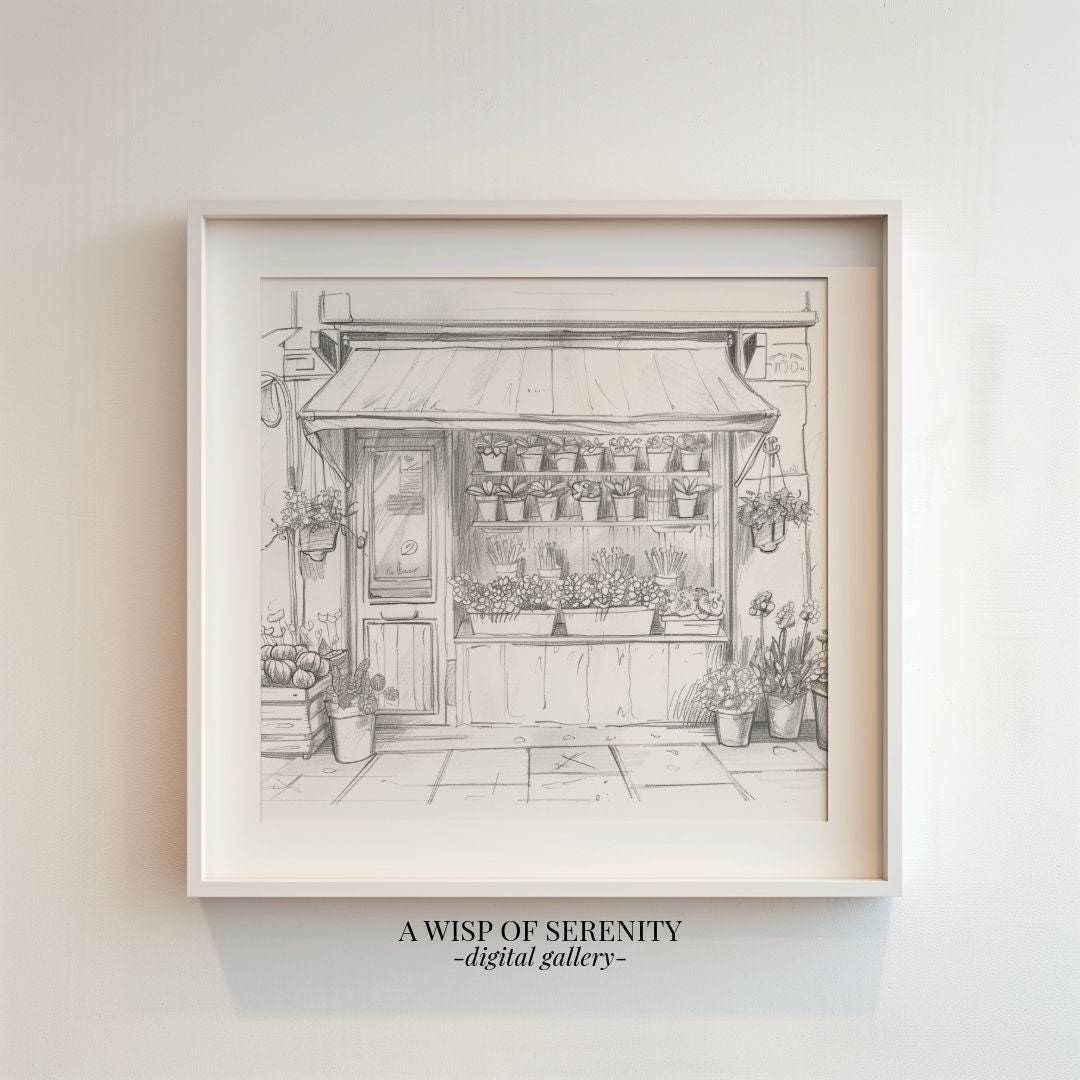 Simple Sketch of Flower Shop in Paris L Vertical Neutral Tone Wall Art ...