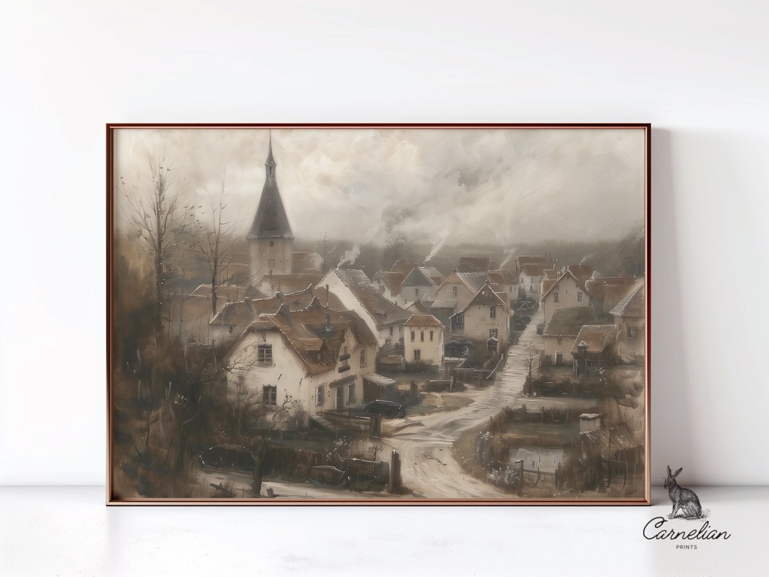 Vintage European Town Printable, Landscape Painting, Muted Tonal Print ...