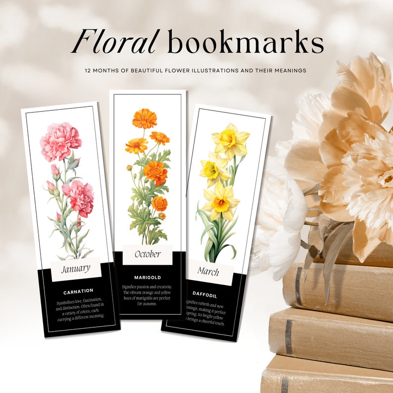 Birth Month Flower Printable Bookmarks, Monthly Birth Graphics PNG ...