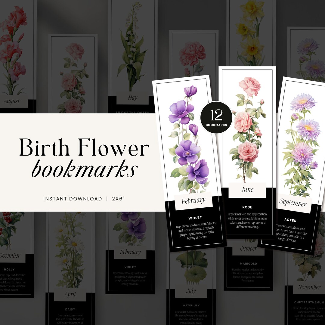 Birth Month Flower Printable Bookmarks, Monthly Birth Graphics PNG ...