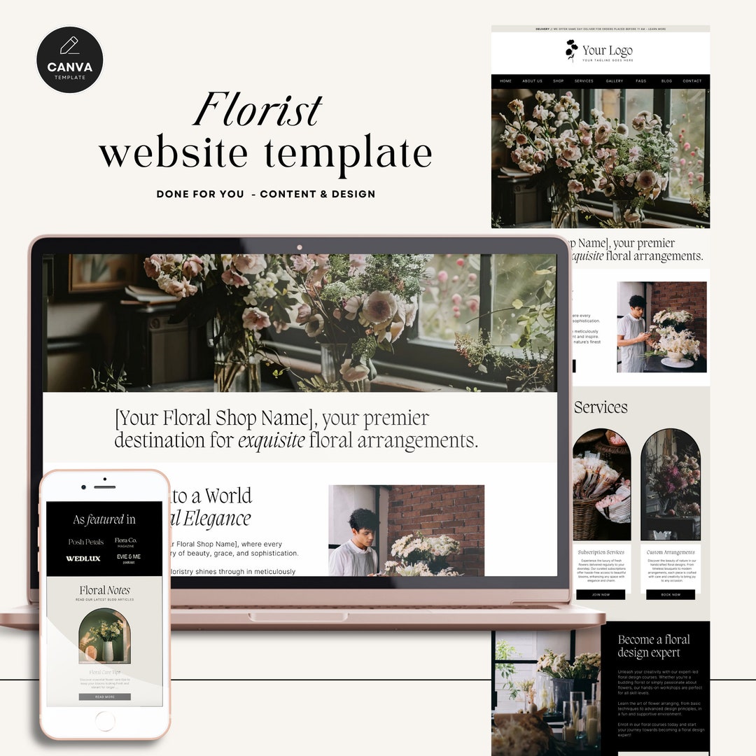 Florist Website Template, Modern Canva Website Template, Floral Shop ...